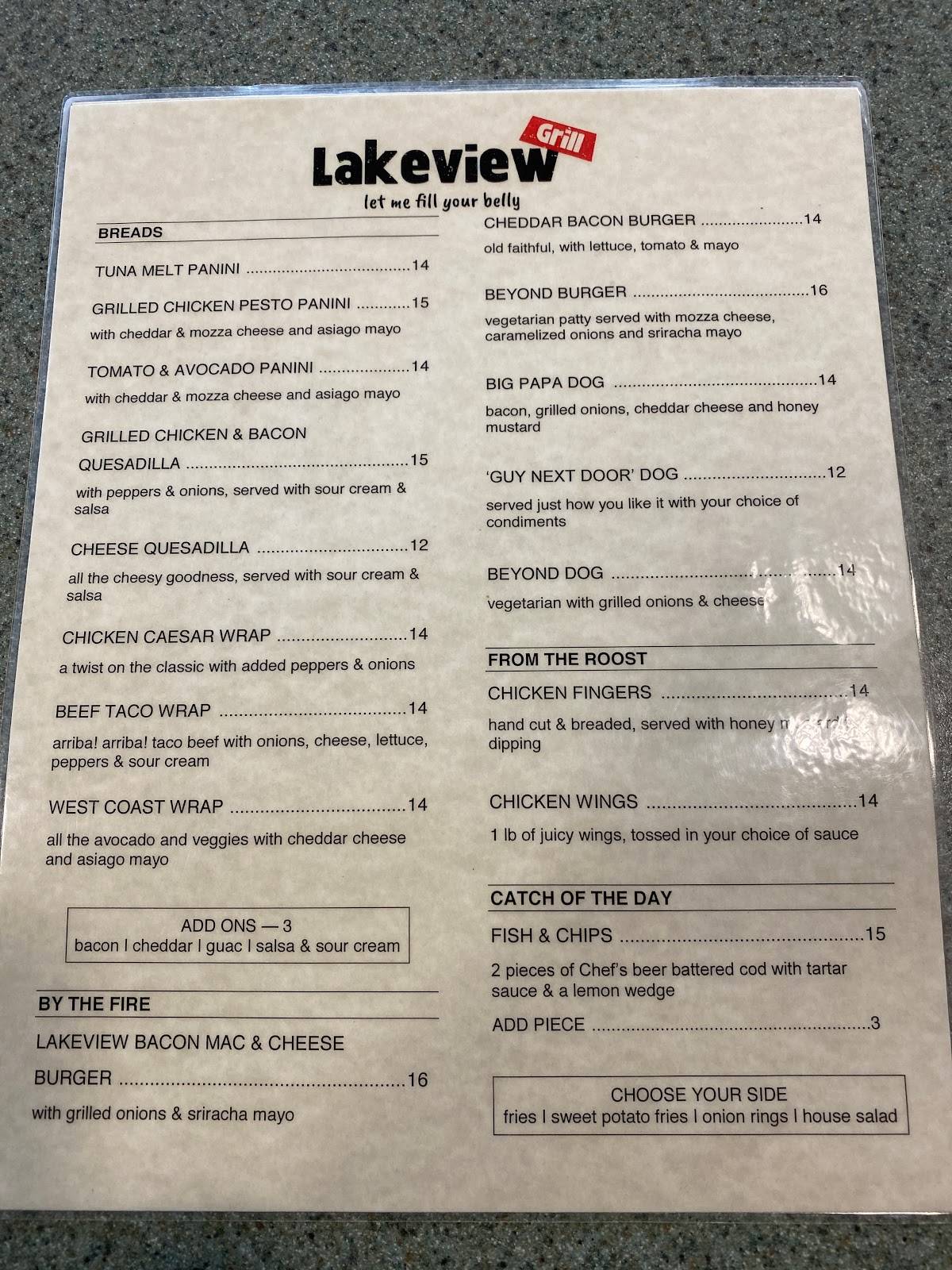 Menu at Lake View Grill restaurant, Canada, 3 Benneves Dr