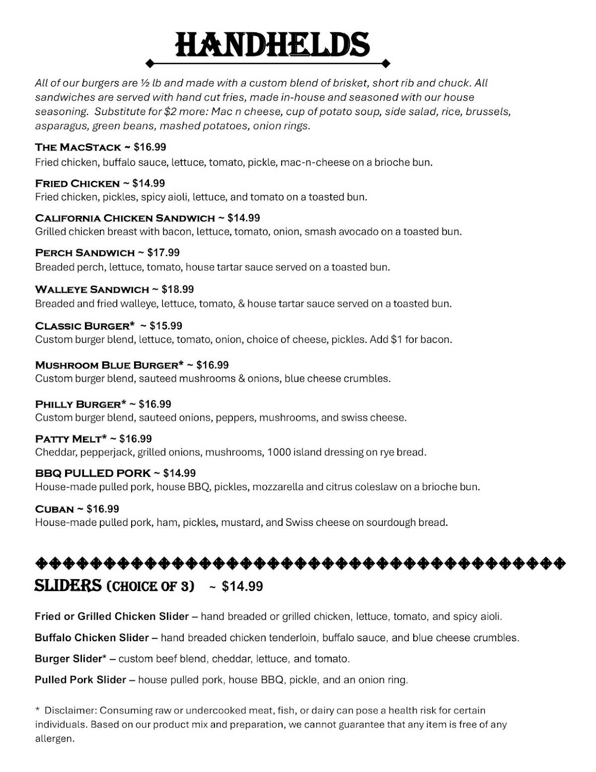Menu at The MacStack Tavern restaurant, Lakeside Marblehead