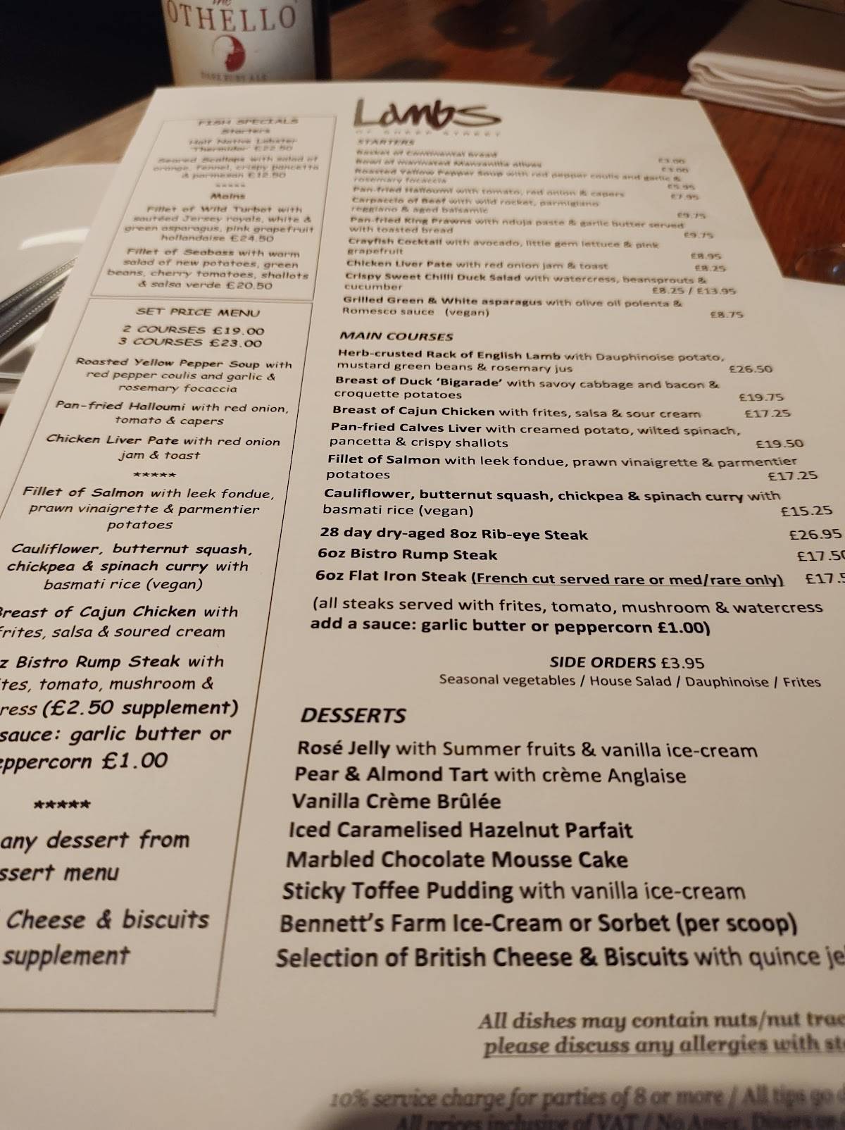 Menu at Lambs restaurant, Stratford-upon-Avon