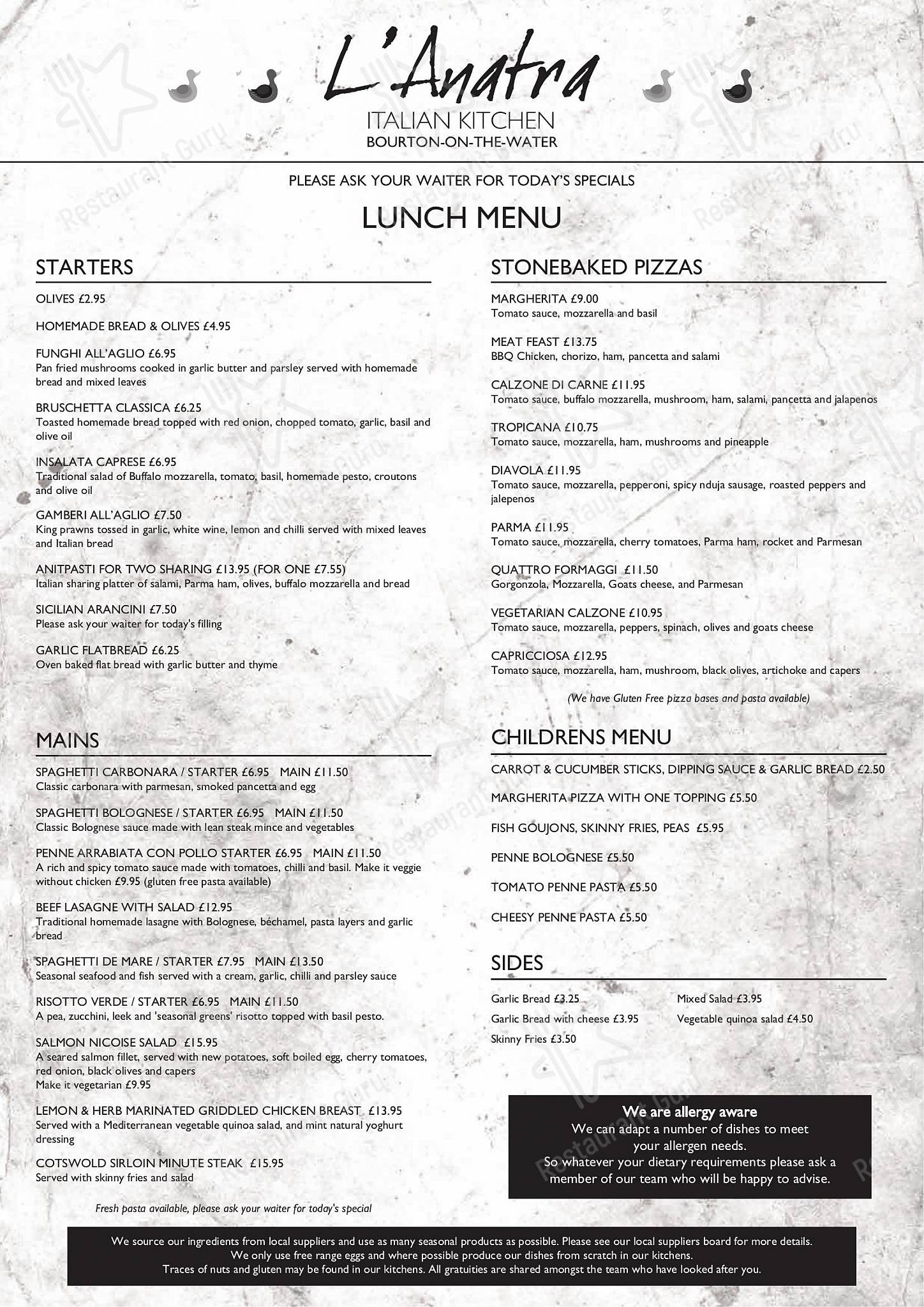 Menu at L'anatra restaurant, Bourton-on-the-Water