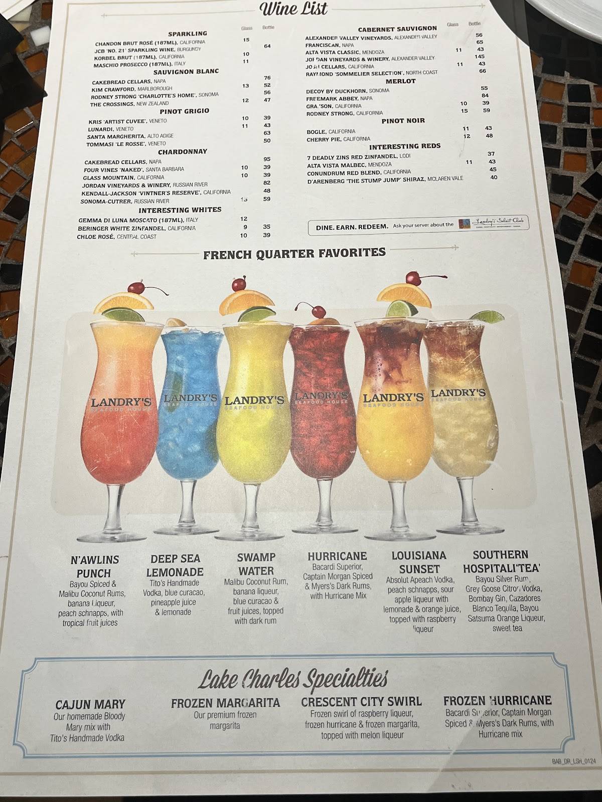 Menu at Landry's Seafood House pub & bar, Lake Charles
