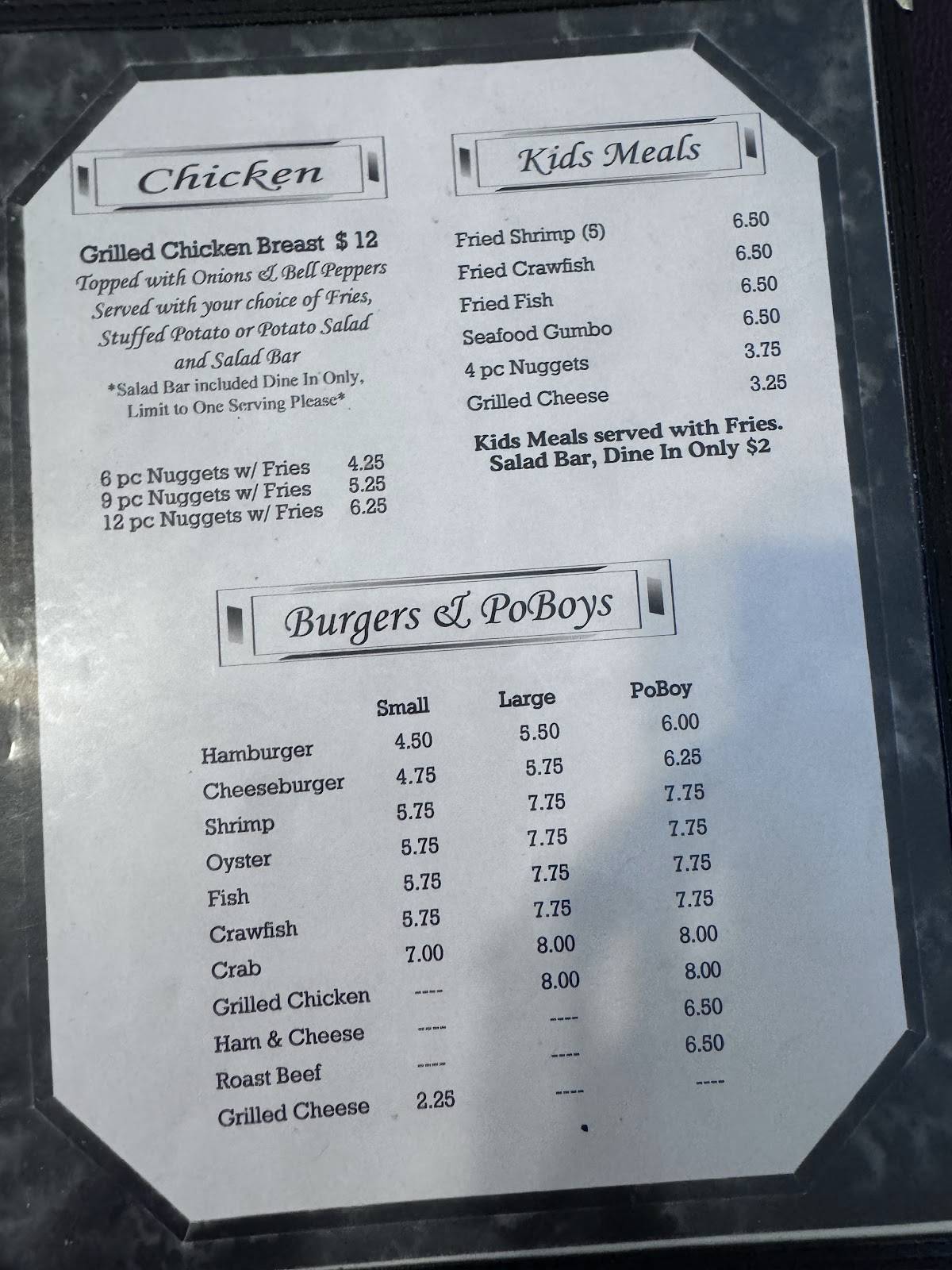 Menu at Landry's Seafood restaurant, Pierre Part