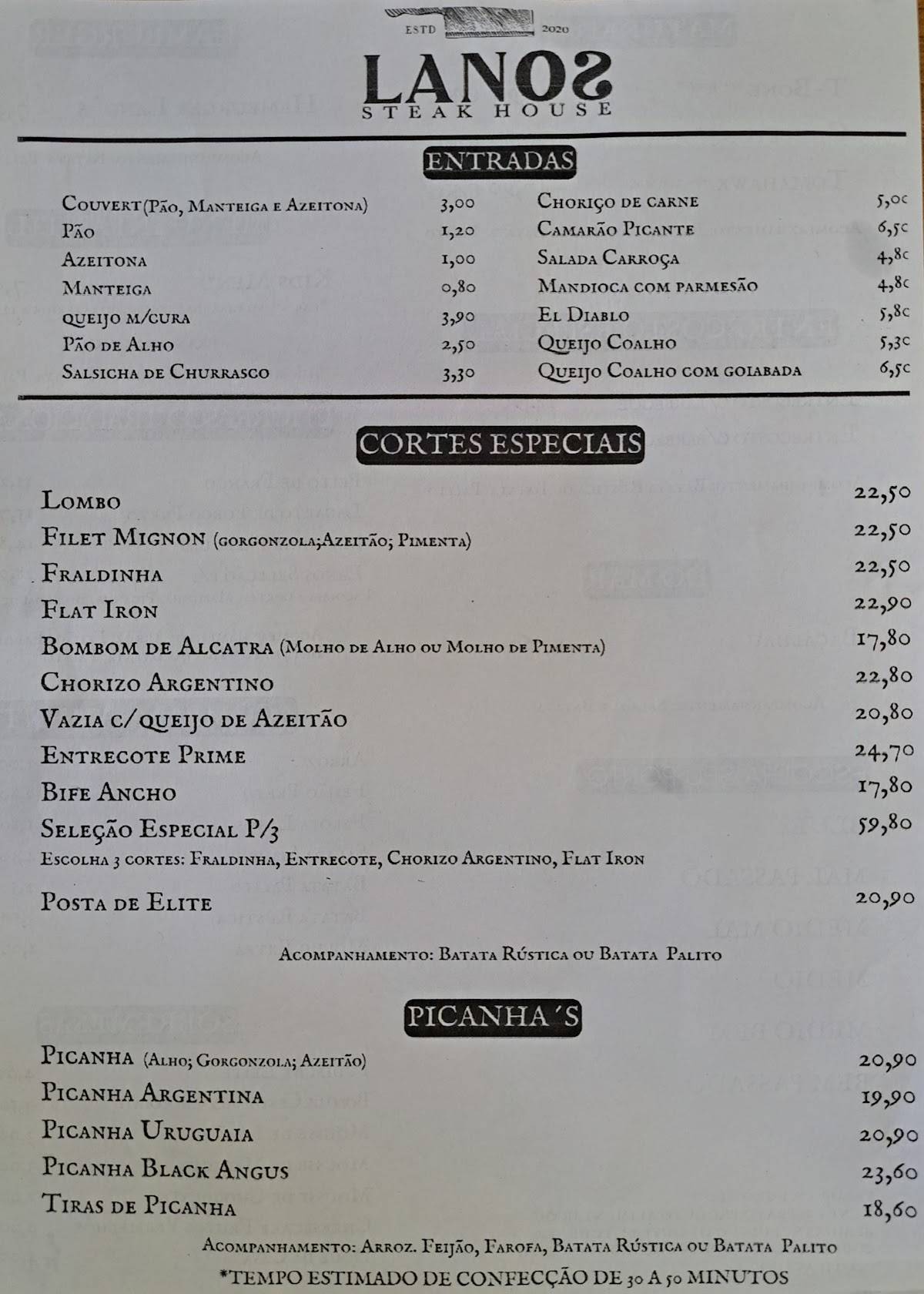 Menu em Lano's Steakhouse, Setúbal