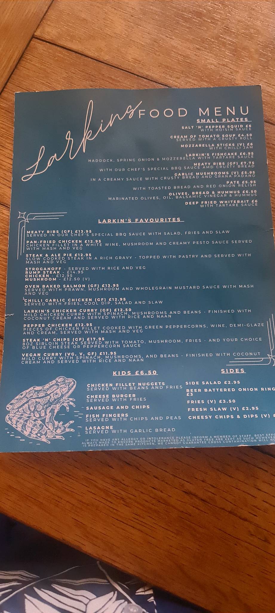 Menu at Larkin's Bar, Hull
