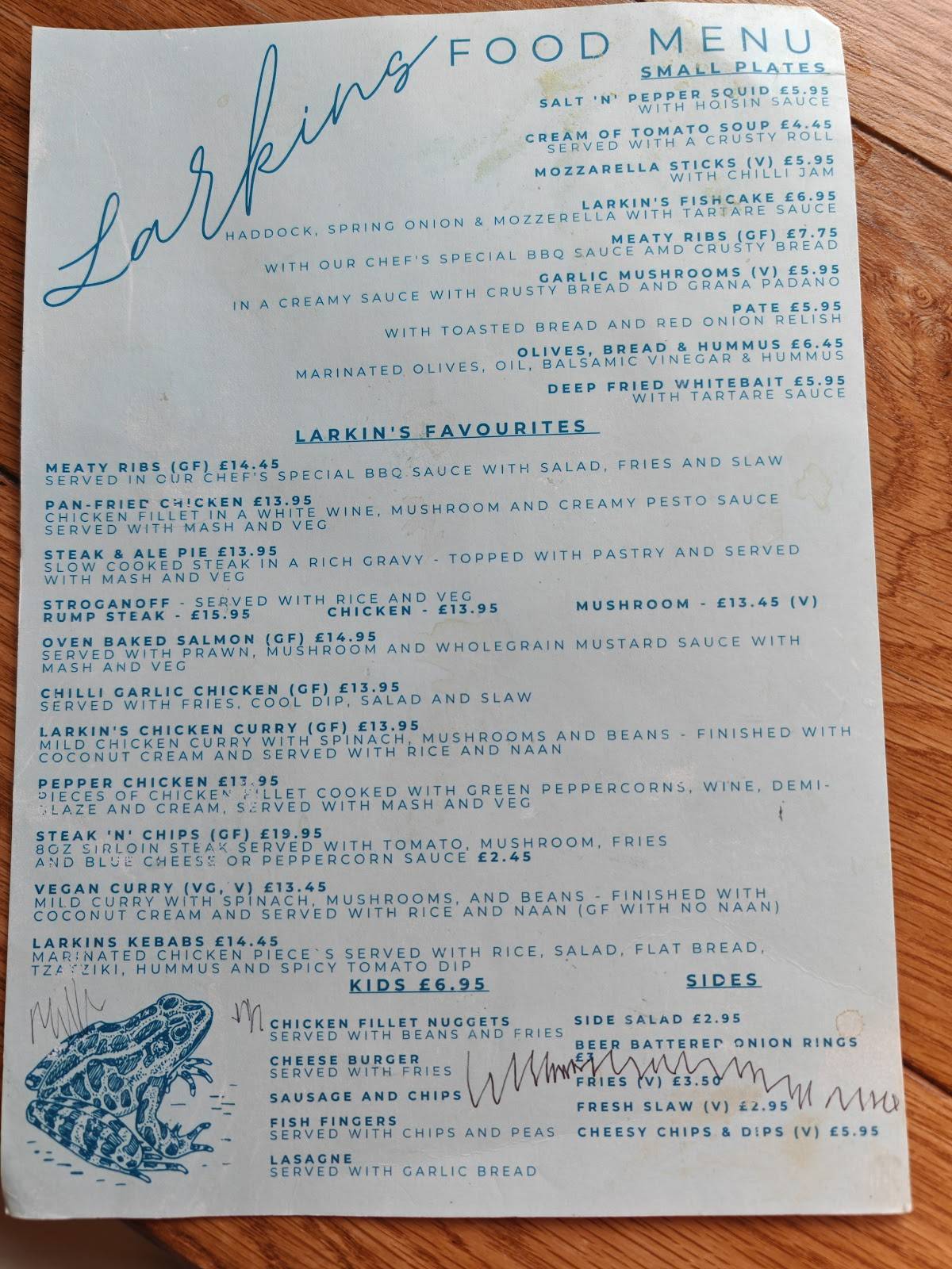 Menu at Larkin's Bar, Hull