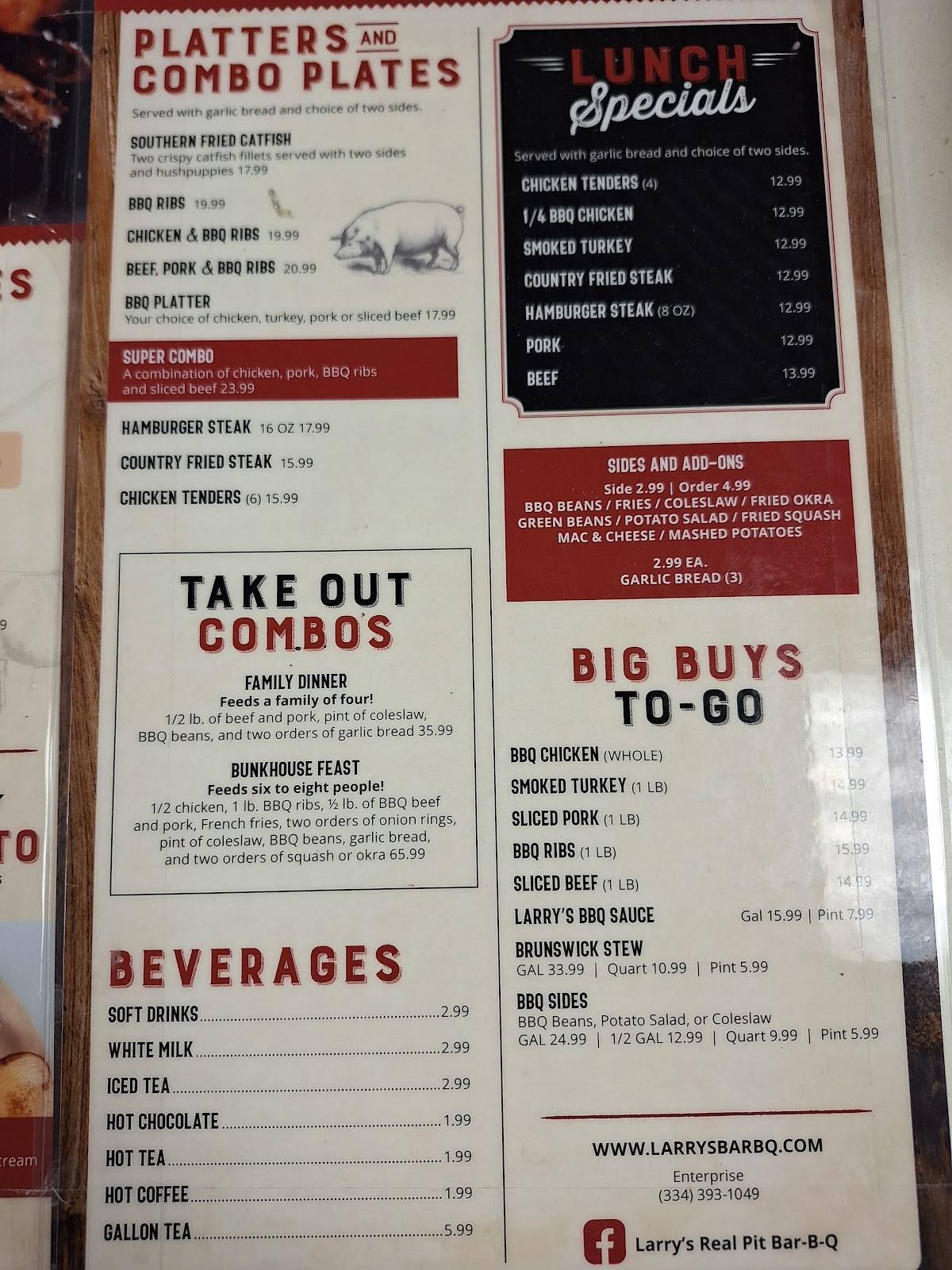Menu at Larry's Real Pit Bar-B-Q, Enterprise
