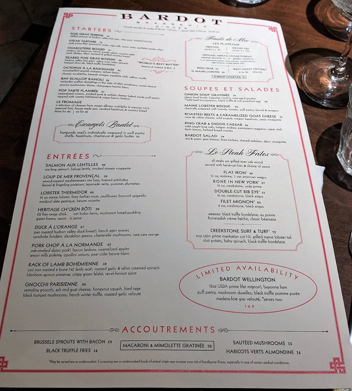 Menu at Bardot Brasserie, Las Vegas, 3730 S Las Vegas Blvd