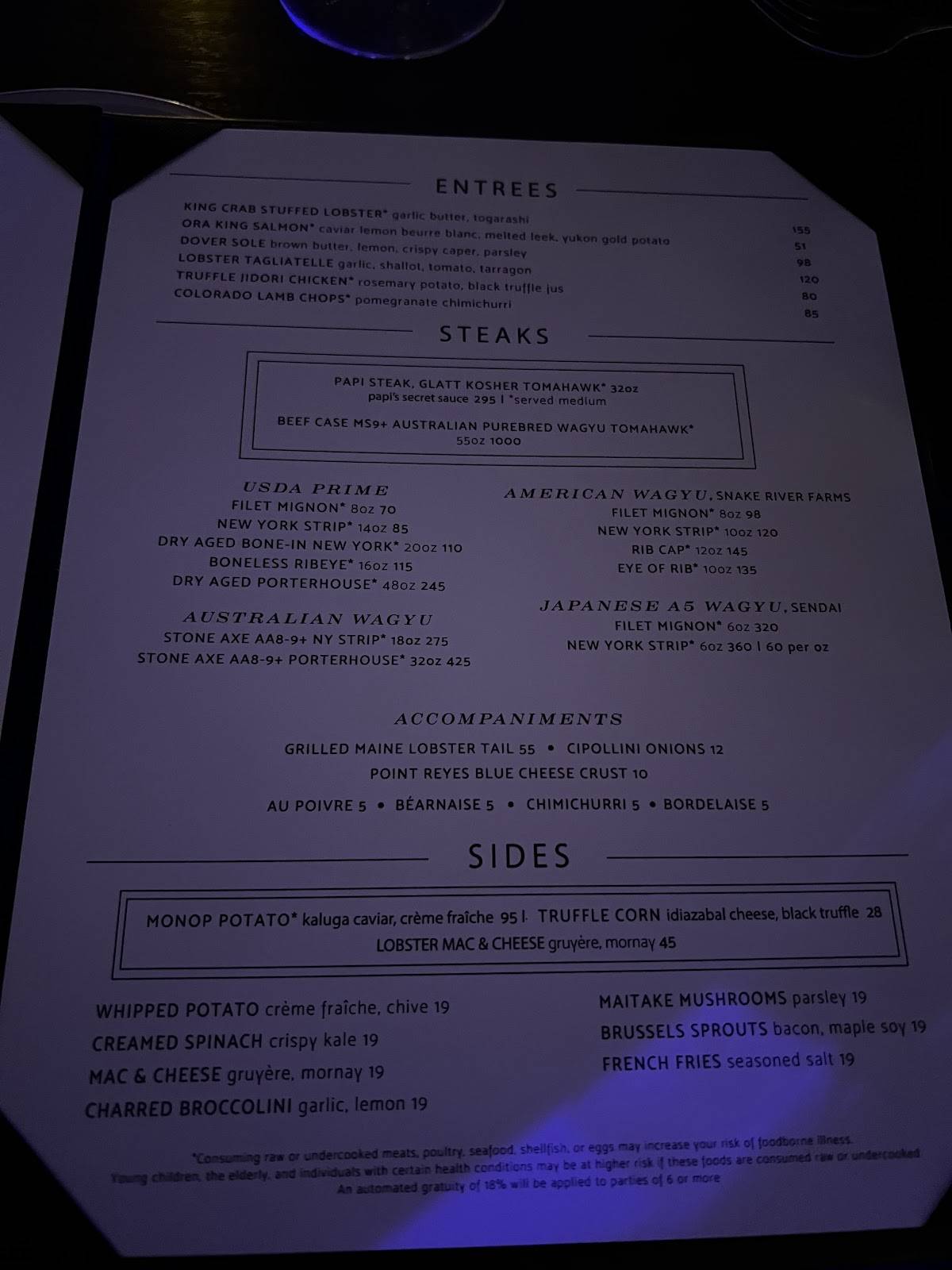 Menu at Papi Steak Las Vegas steakhouse, Las Vegas