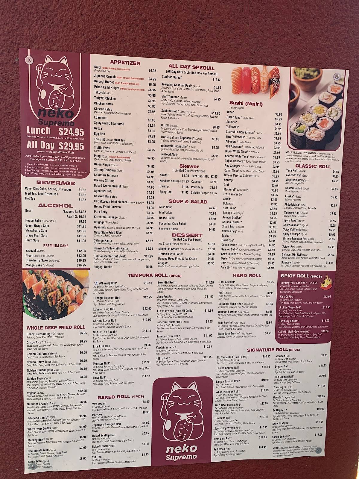 Menu at Sushi Neko restaurant, Las Vegas, W Spring Mountain Rd # 117