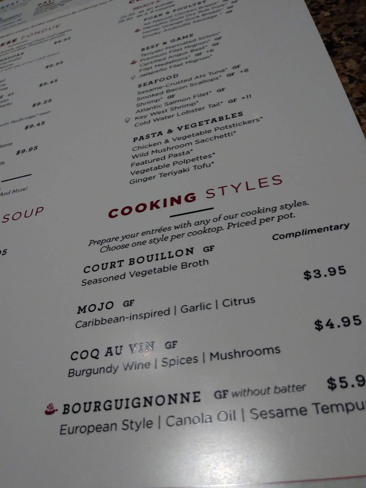 Menu at The Melting Pot restaurant, Las Vegas
