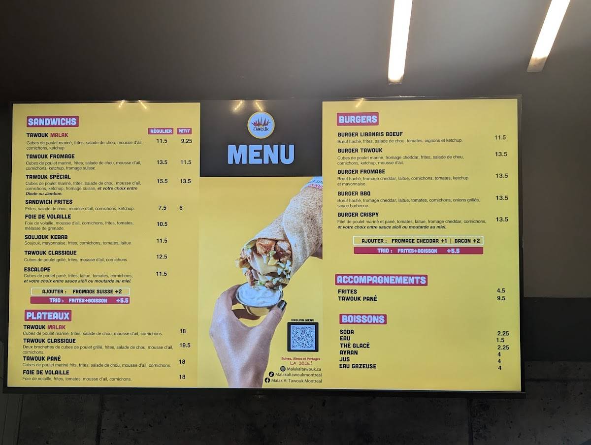 Menu at Malak Al Tawouk restaurant, Laval