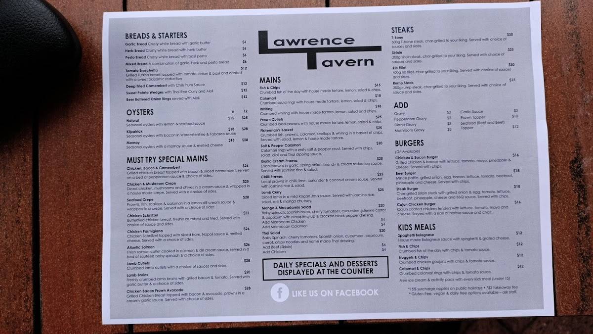 Menu at Lawrence Tavern pub & bar, Lawrence
