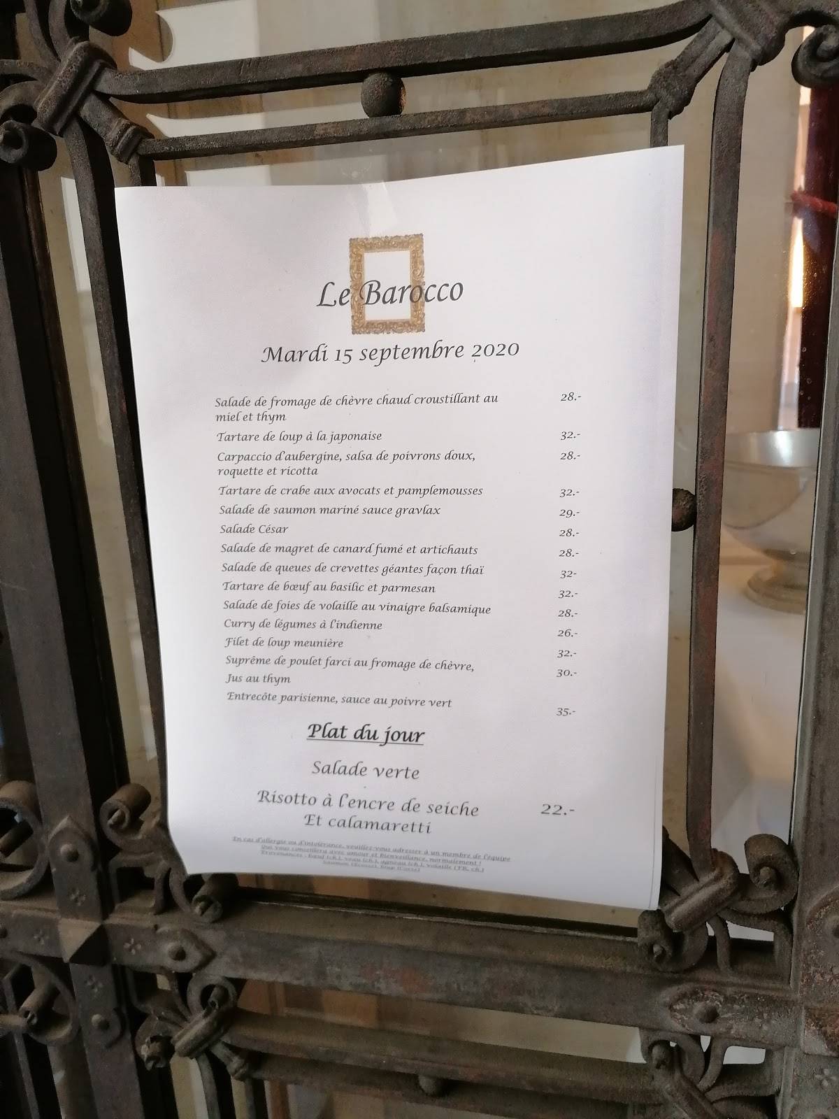 Menu au Le Barocco, Genève