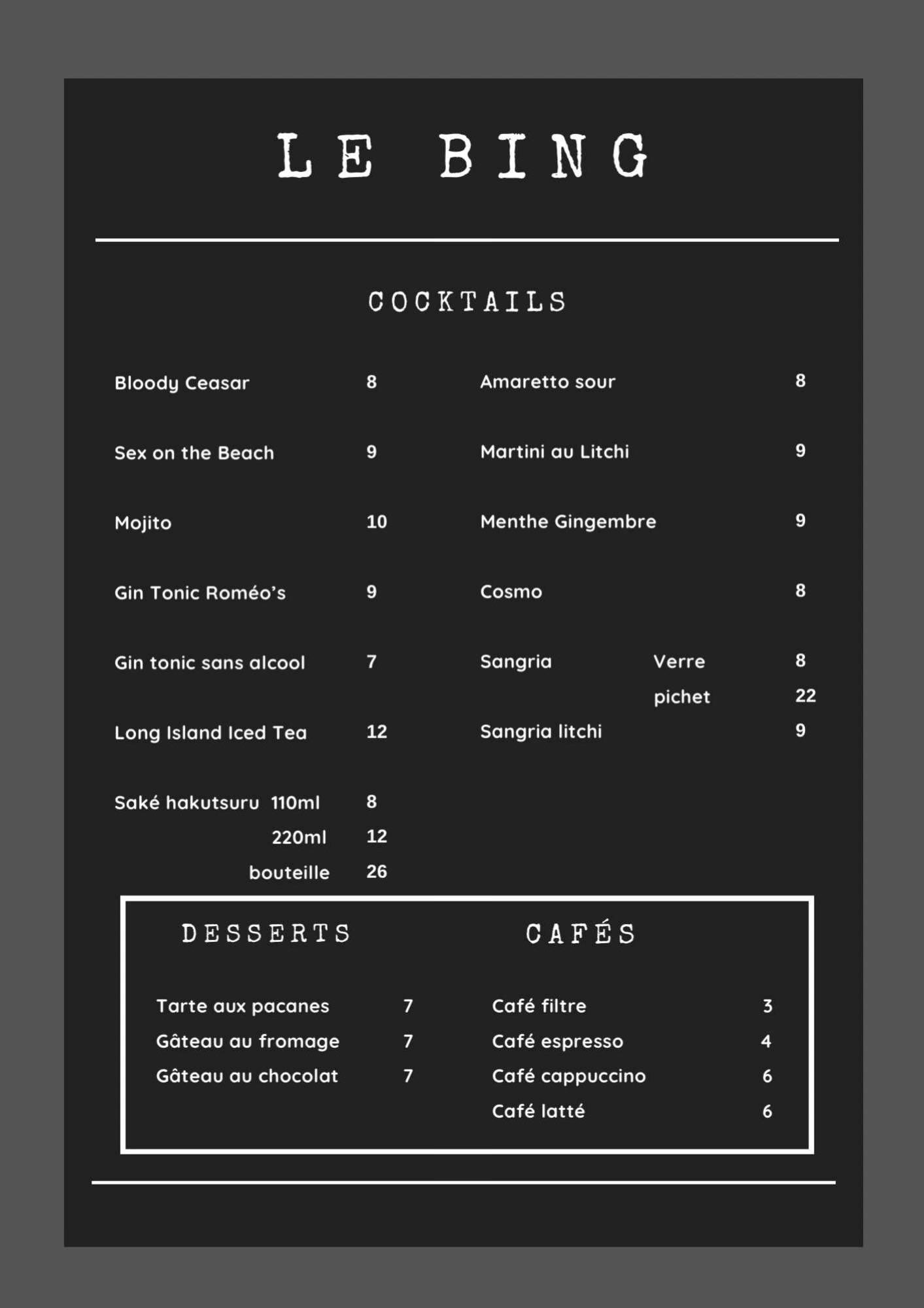 Menu at Le Bing restaurant, Joliette