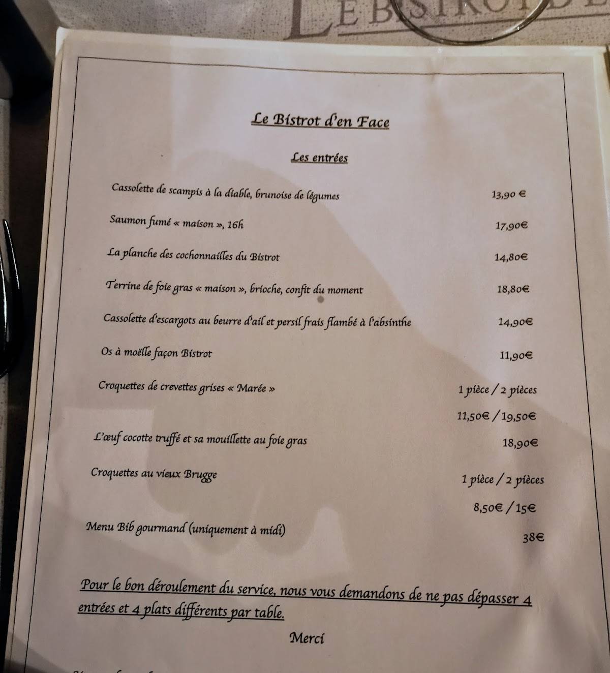 Menu au Le Bistrot d’En Face restaurant, Liège, Rue de la Goffe 8