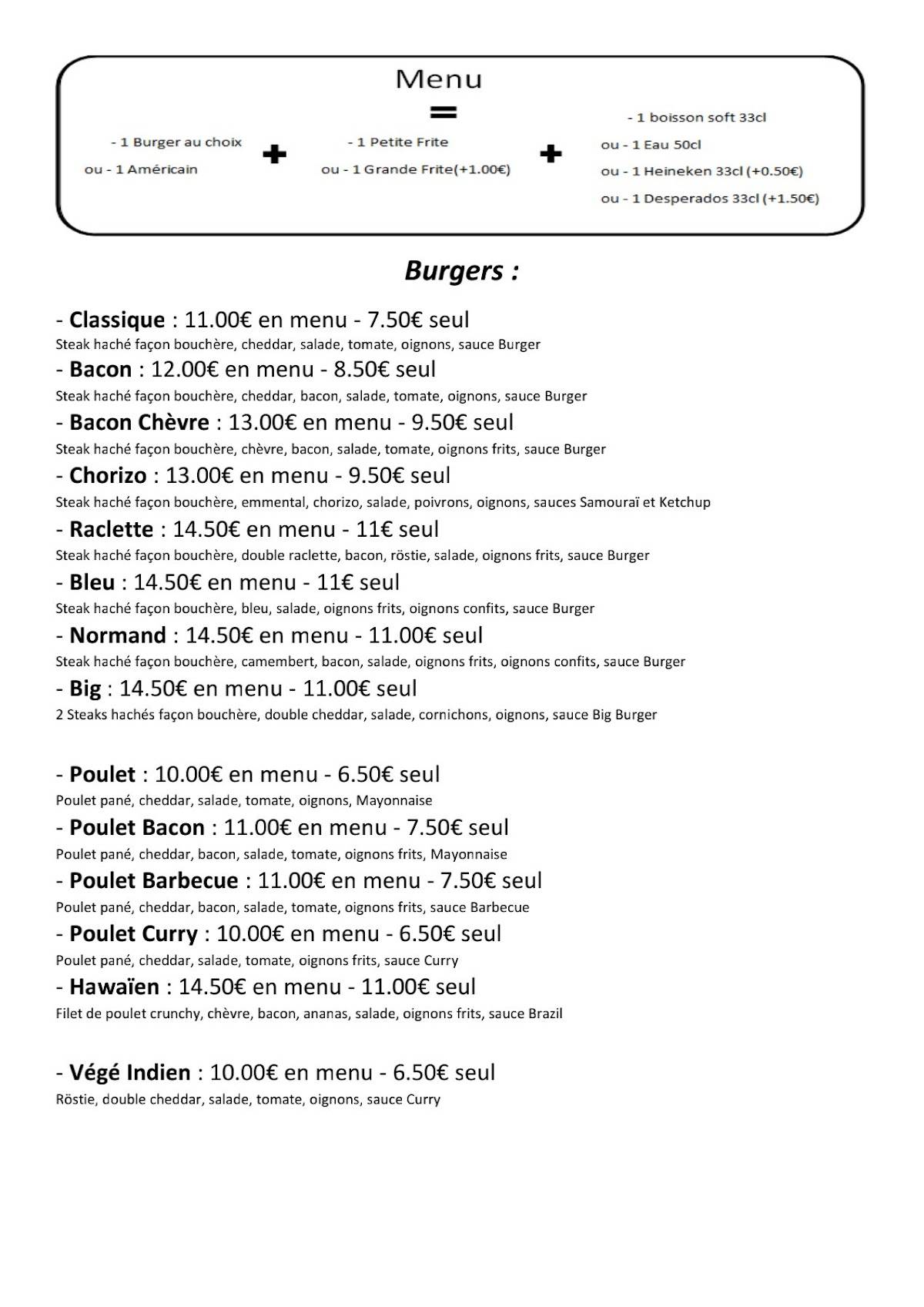 Carta del restaurante Le Central Snack, Tonnay-Charente
