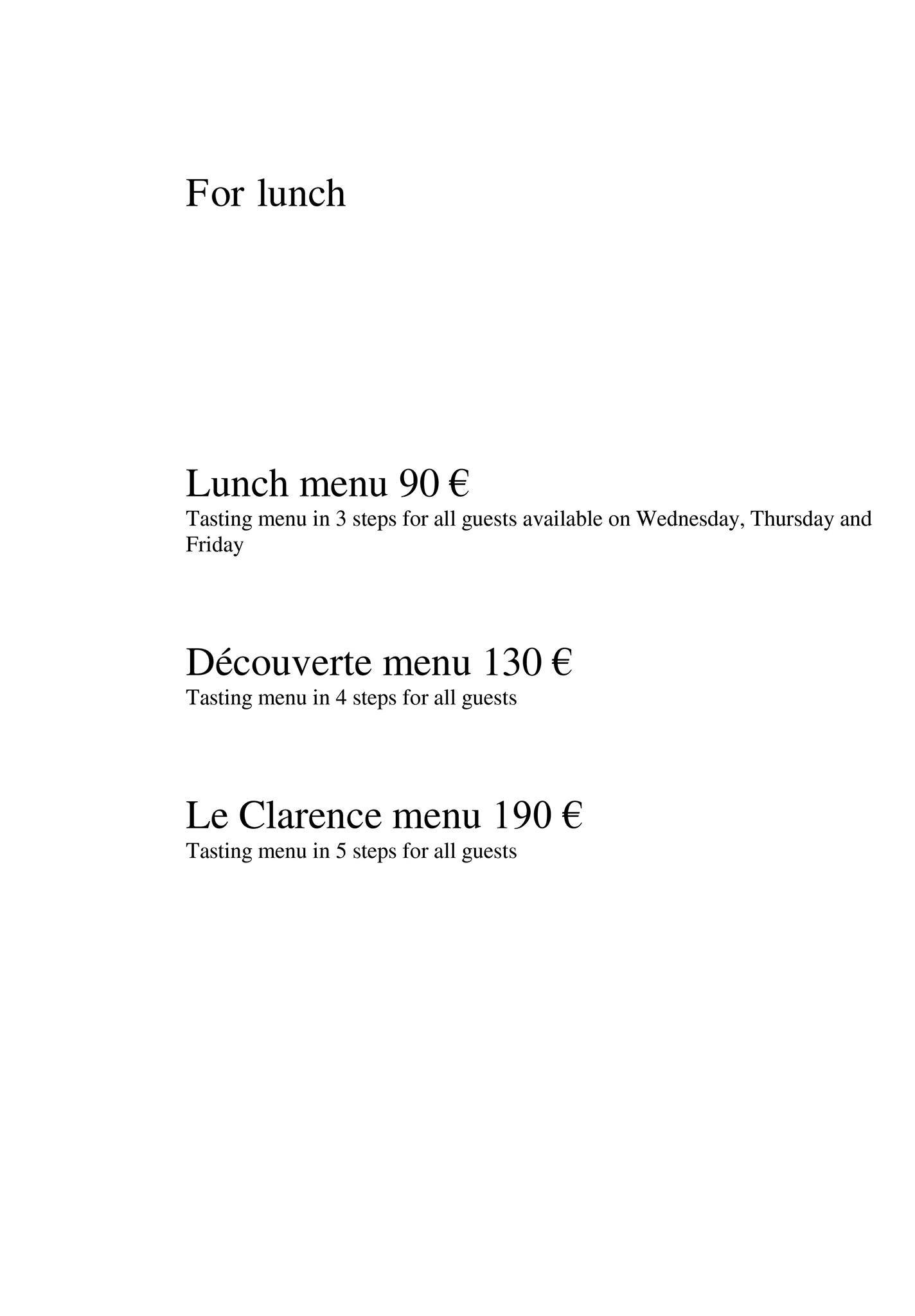 Menu at Le Clarence restaurant, Paris, 31 Av. Franklin Delano Roosevelt