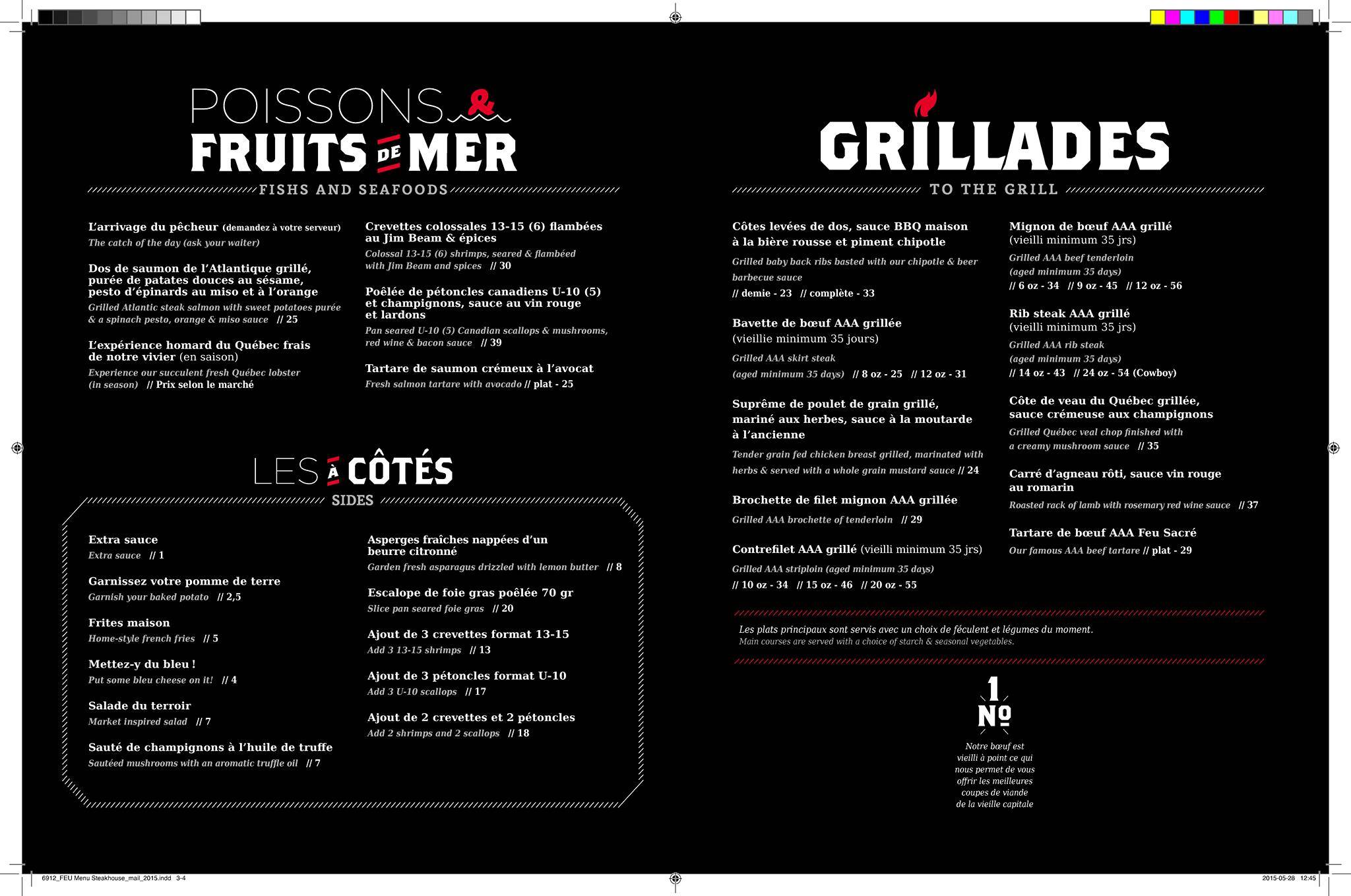 Carta de Le Feu Sacré Steakhouse, Quebec, 68 ½