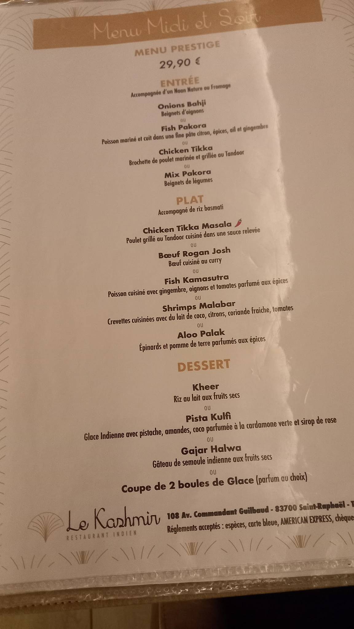 Menu au Le Kashmir restaurant, Saint-Raphaël
