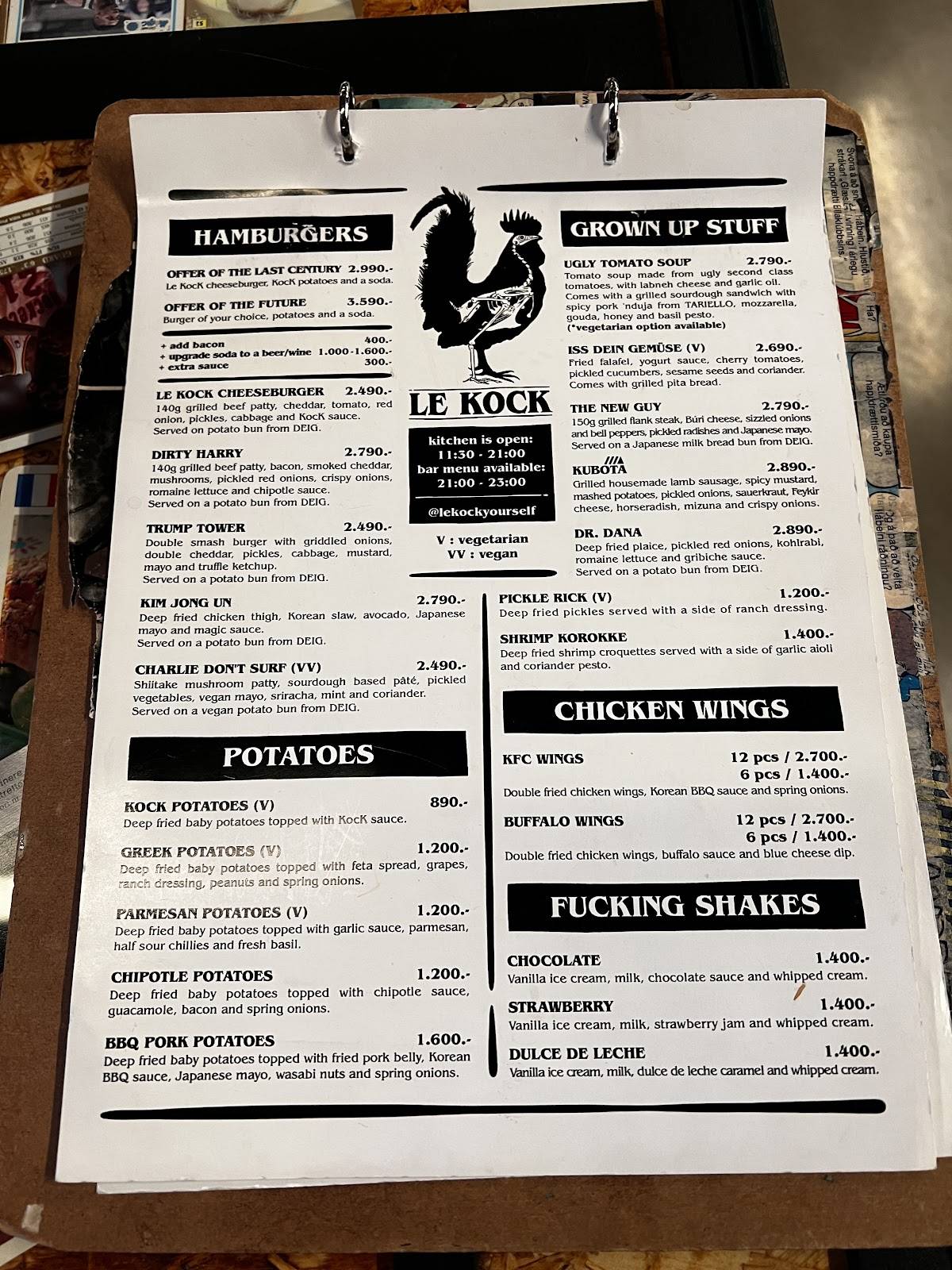 Menu at Le KocK restaurant, Reykjavík, Tryggvagata 14