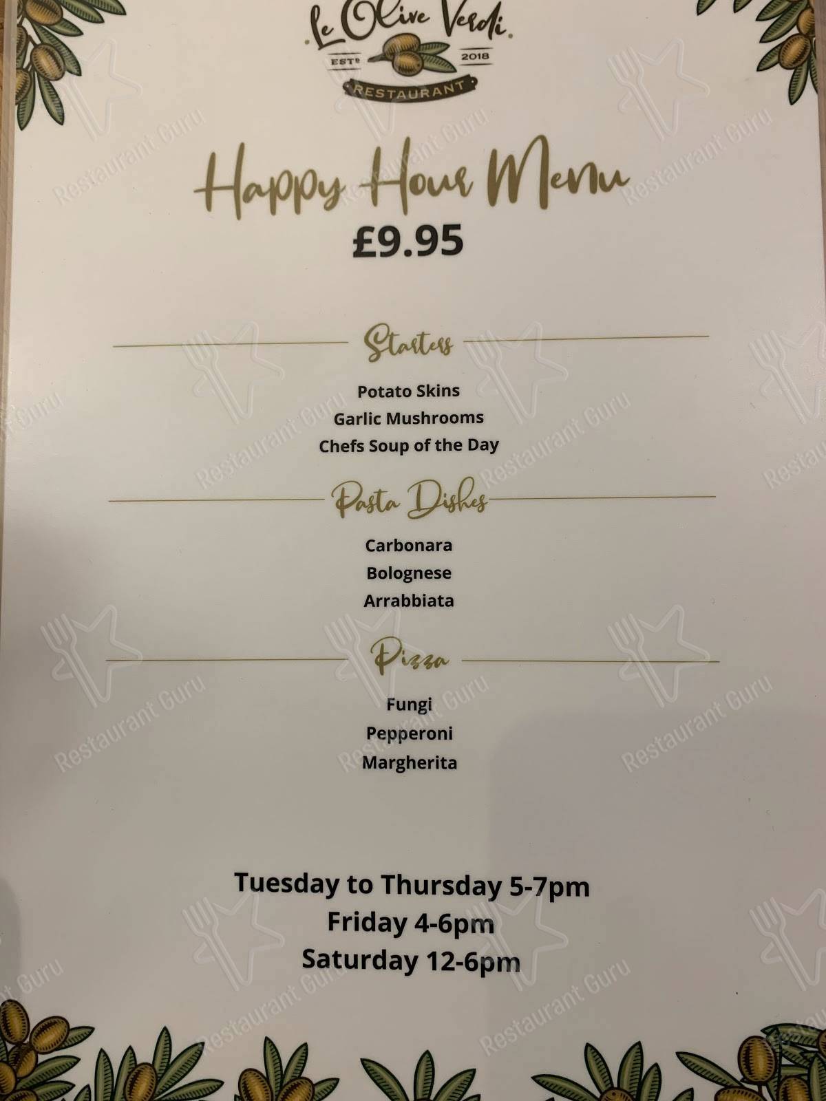 Menu at Le Olive Verdi restaurant, Gateshead