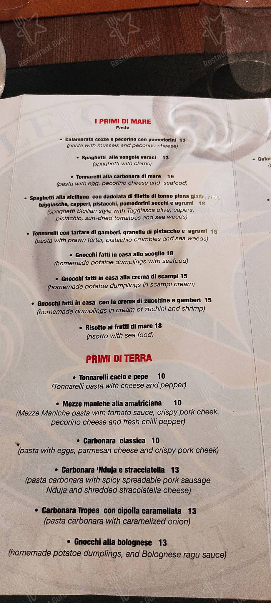 Menu da Le Onde Trattoria del Mare ristorante, Roma, Via Costantino Morin