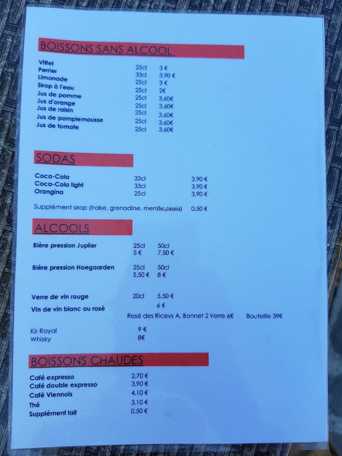 Menu at Le Parvis Pompidou pub & bar, Paris, 109 Rue Saint-Martin