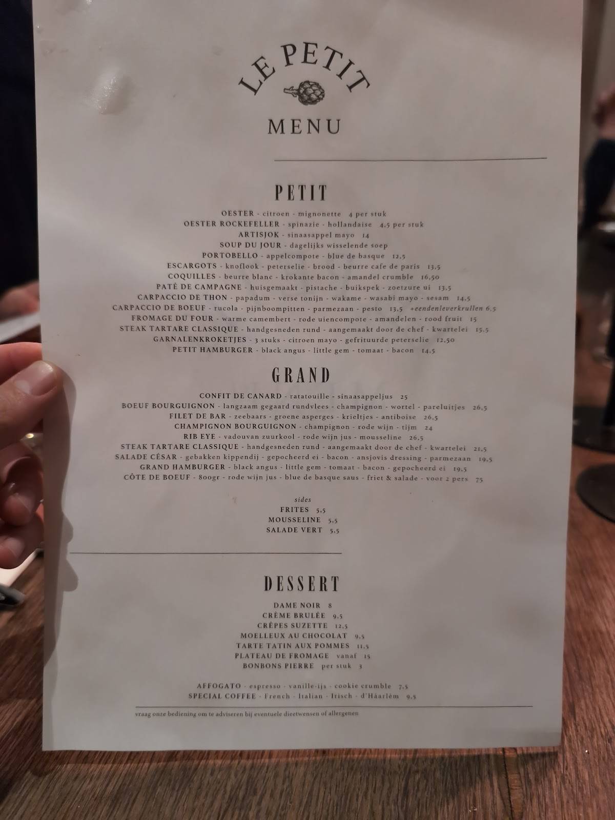 Menu at Le Petit Café Haarlem, Haarlem