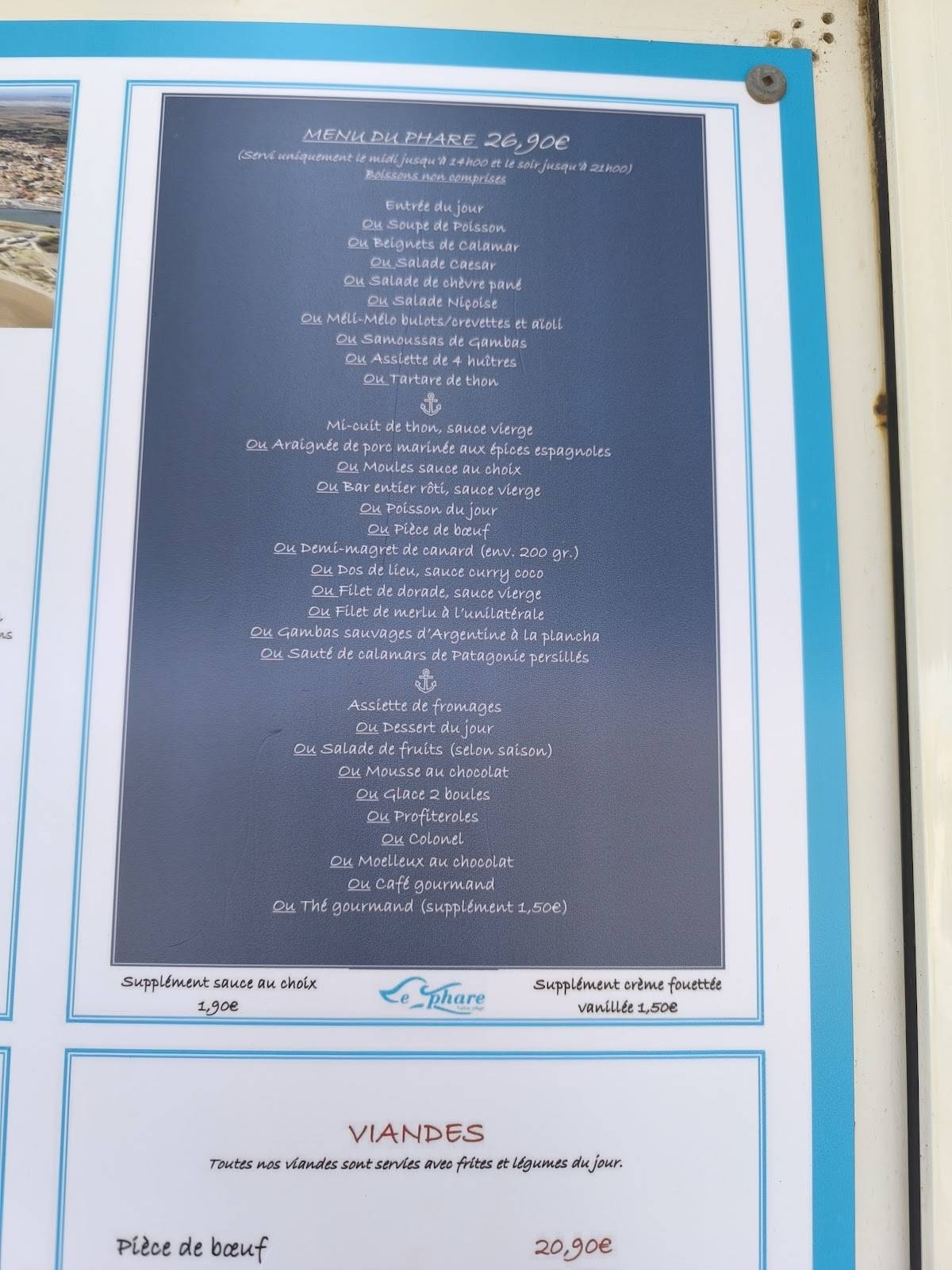 Carta del restaurante Le Phare, Valras-Plage