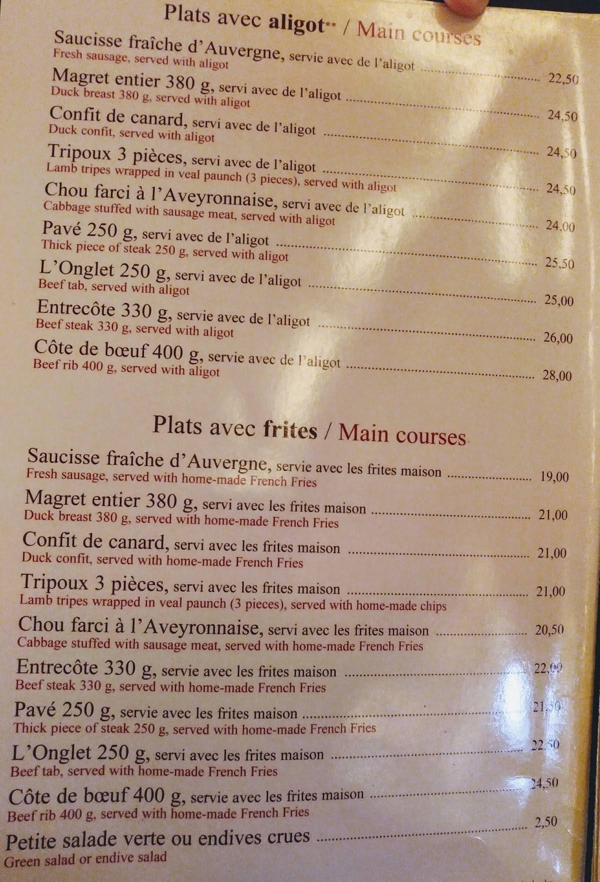 Menu au Restaurant Le Plomb du Cantal, Paris, 3 Rue de la Gaité