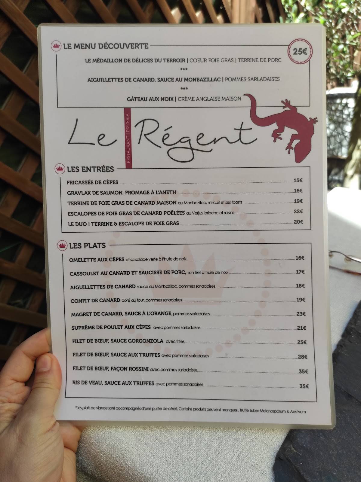 Menu au Le Régent restaurant, Sarlat-la-Canéda