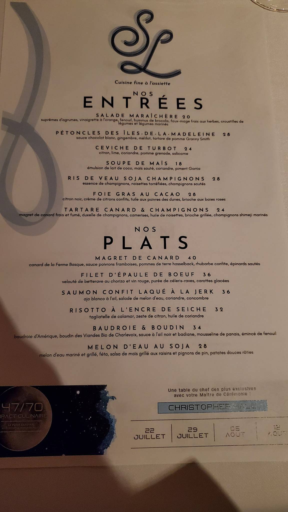Menu au LE SAINT-LAURENT restaurant, La Malbaie