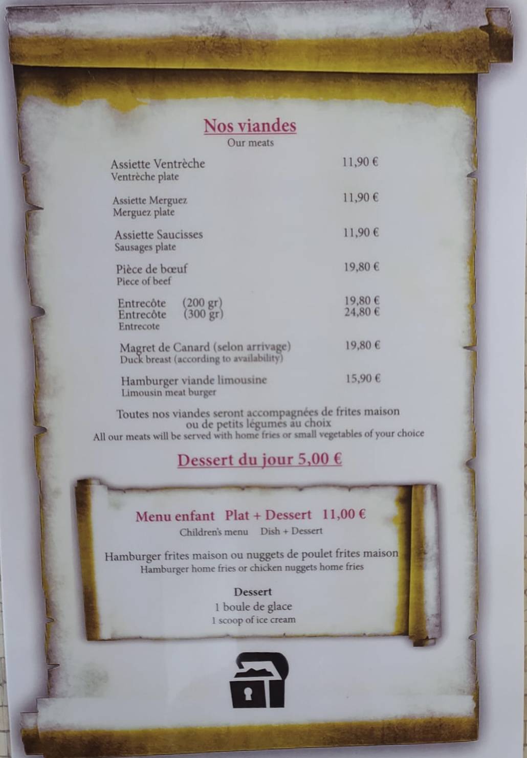 Menu at Le Treiz'or restaurant, France