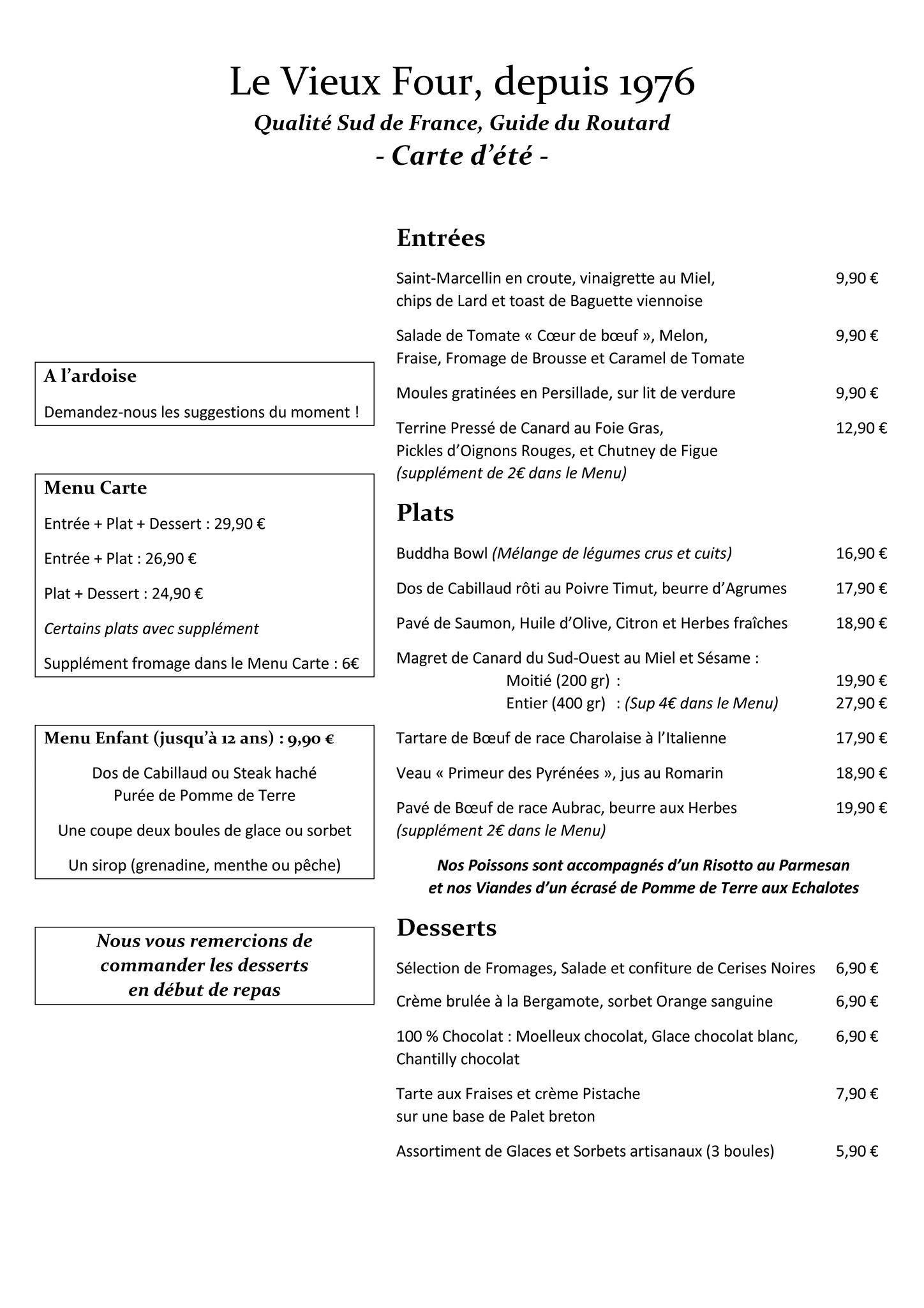 Menu at Le Vieux Four steakhouse, Montpellier