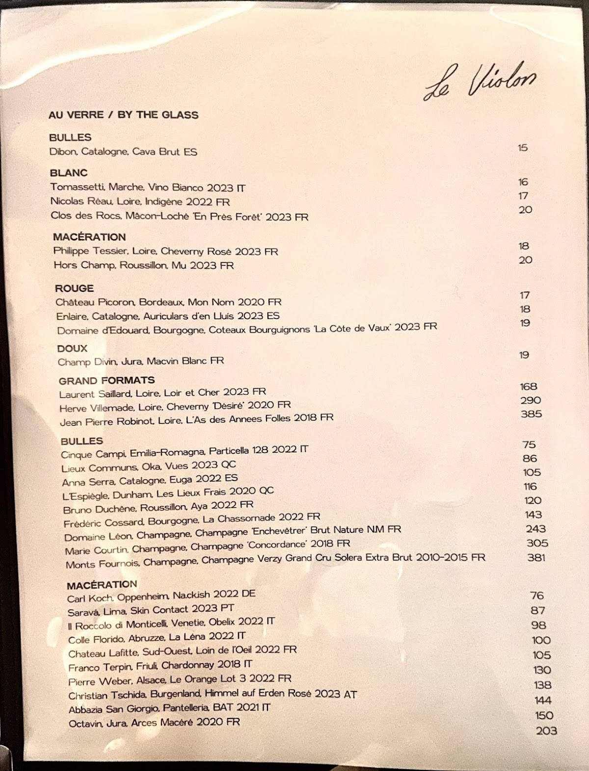Menu at Le Violon pub & bar, Montréal