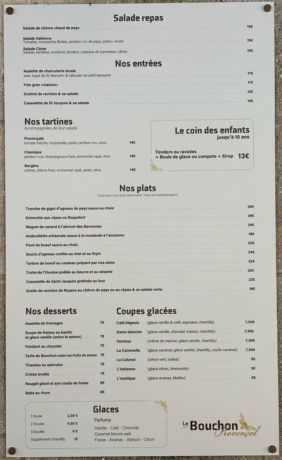 Menu at Le bouchon provençal restaurant, Buis-les-Baronnies
