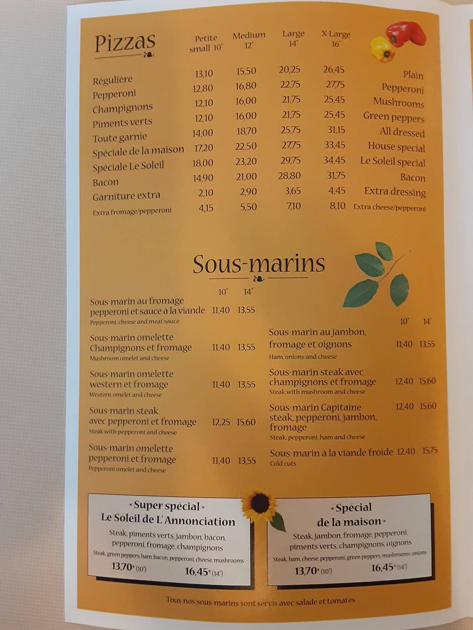 Carta de Le soleil Restaurant, Canada
