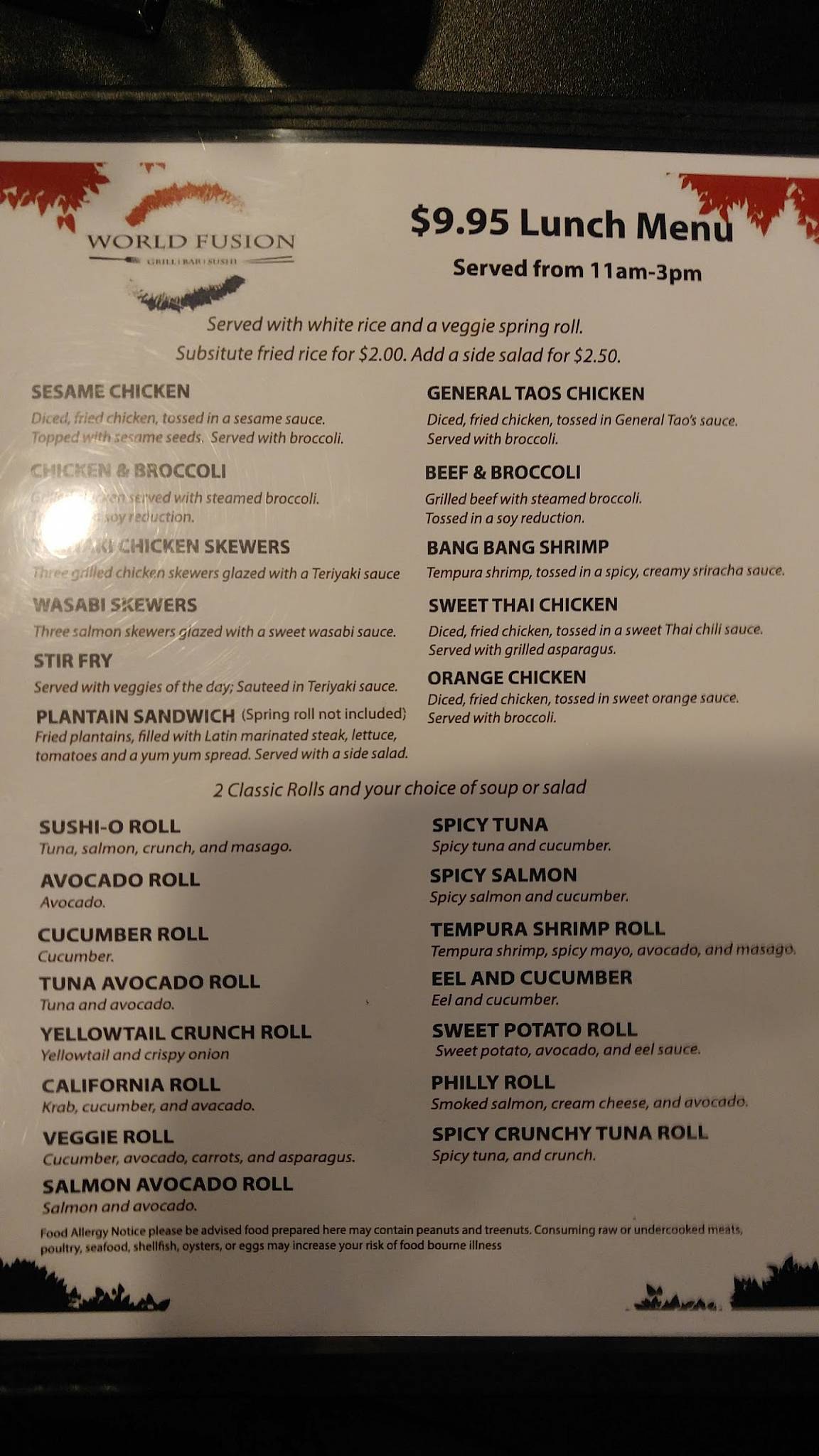 Menu at World Fusion restaurant, Lecanto