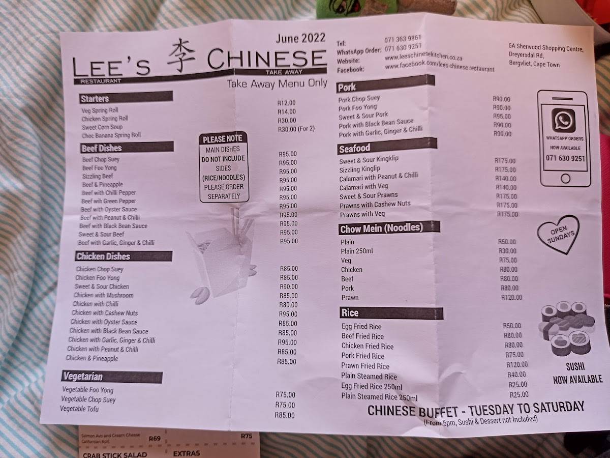 Menu at Lee's Chinese Restaurant, Cape Town