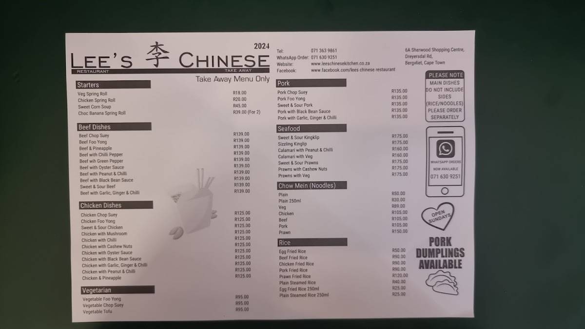 Menu at Lee's Chinese Restaurant, Cape Town