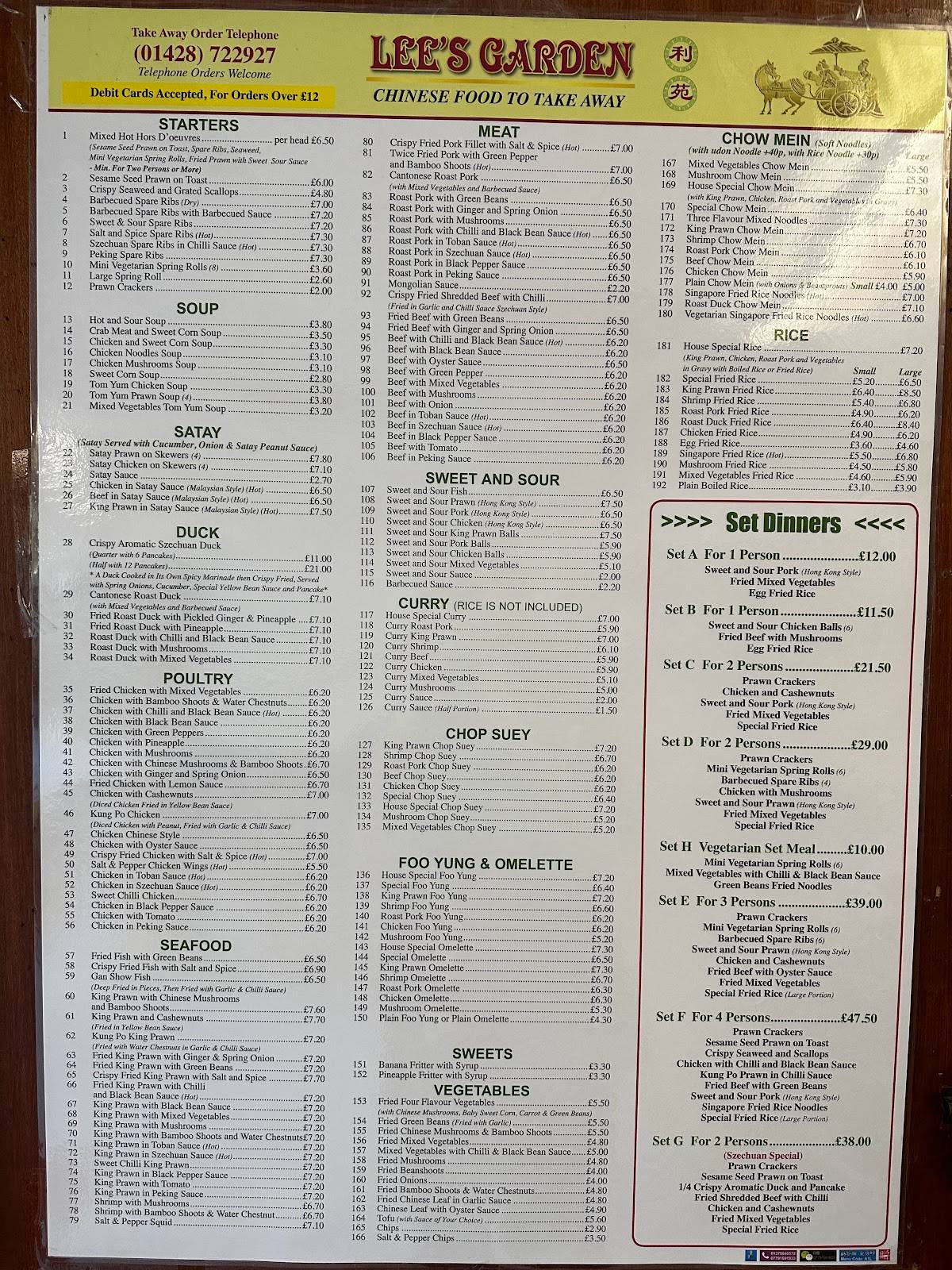 Menu at Lee's Garden fast food, Liphook