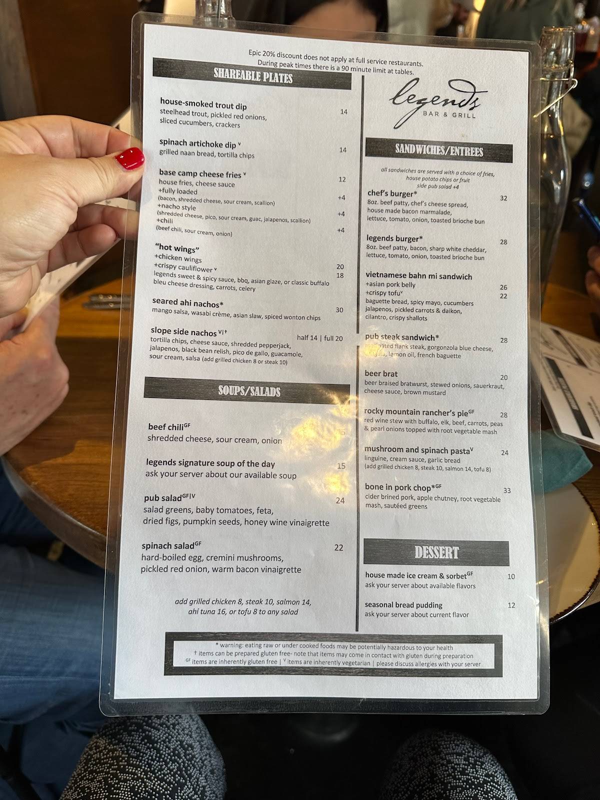 Menu at Legends Bar & Grill, Park City