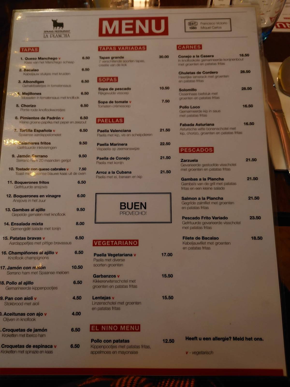 Menu at La Plancha Spanish restaurant, Leiden