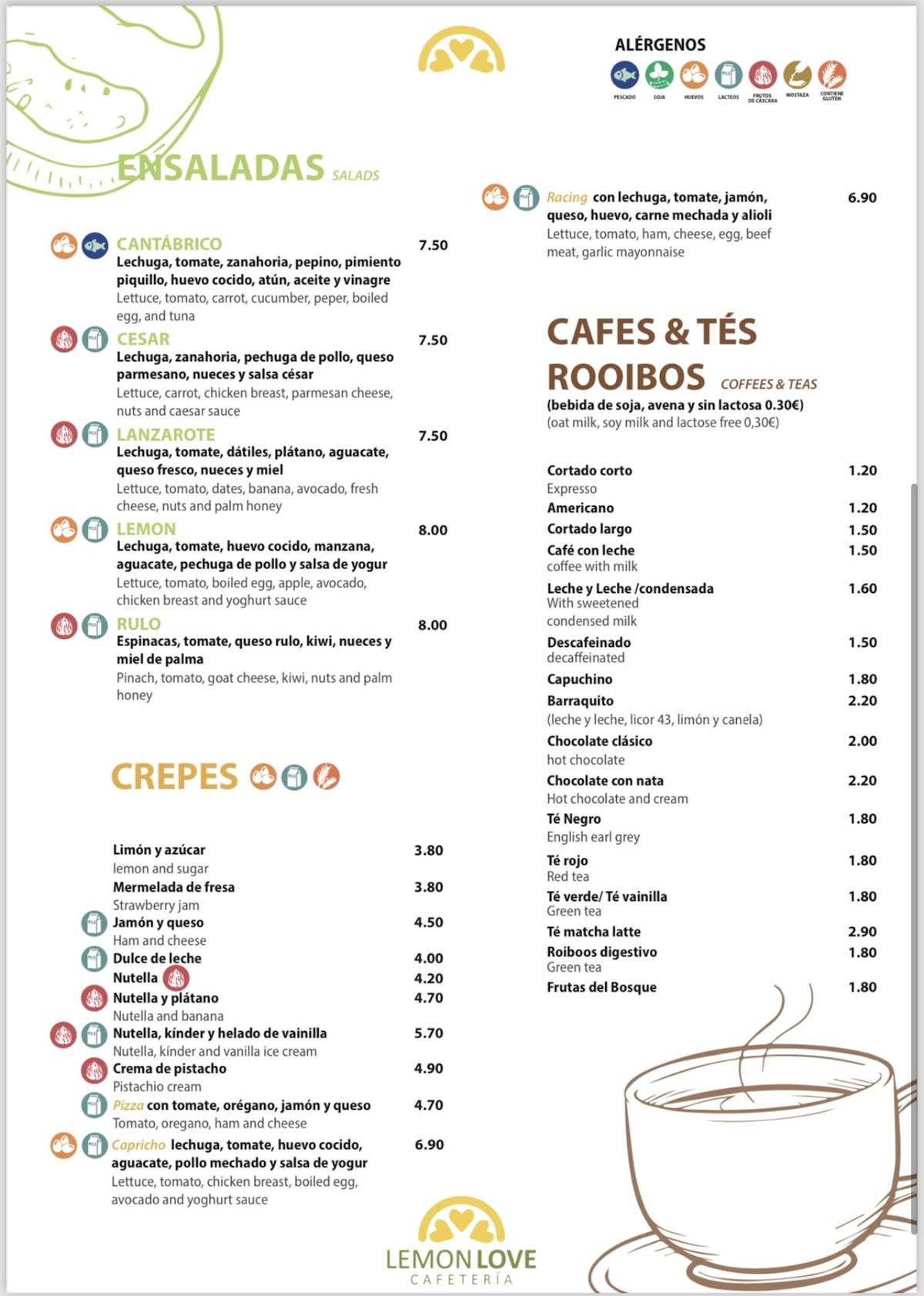 Menu at Lemon Love cafe, Arrecife