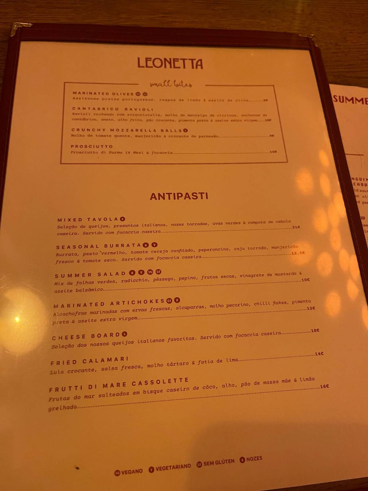 Menu at Leonetta restaurant, Lisbon