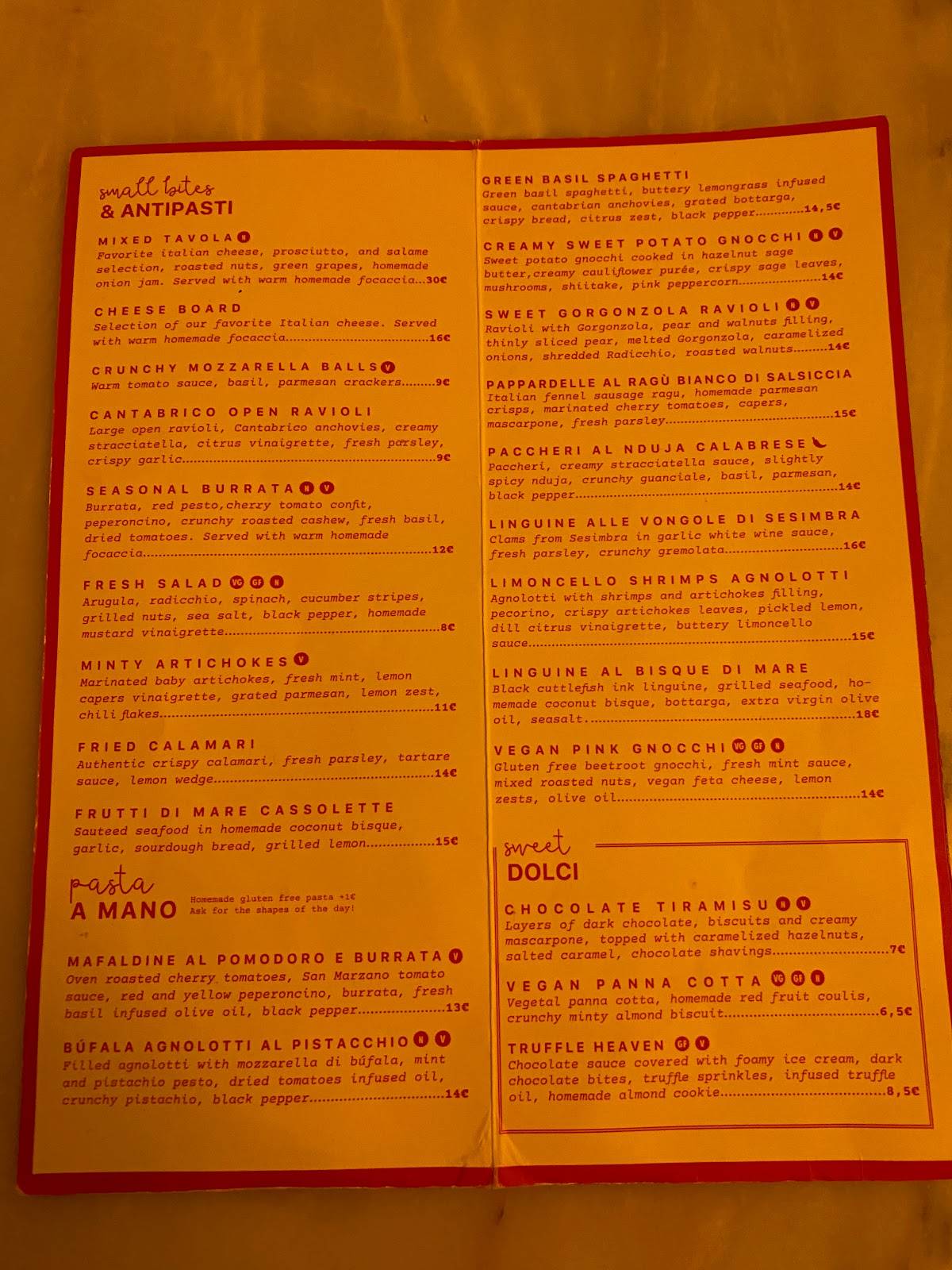 Menu at Leonetta restaurant, Lisbon