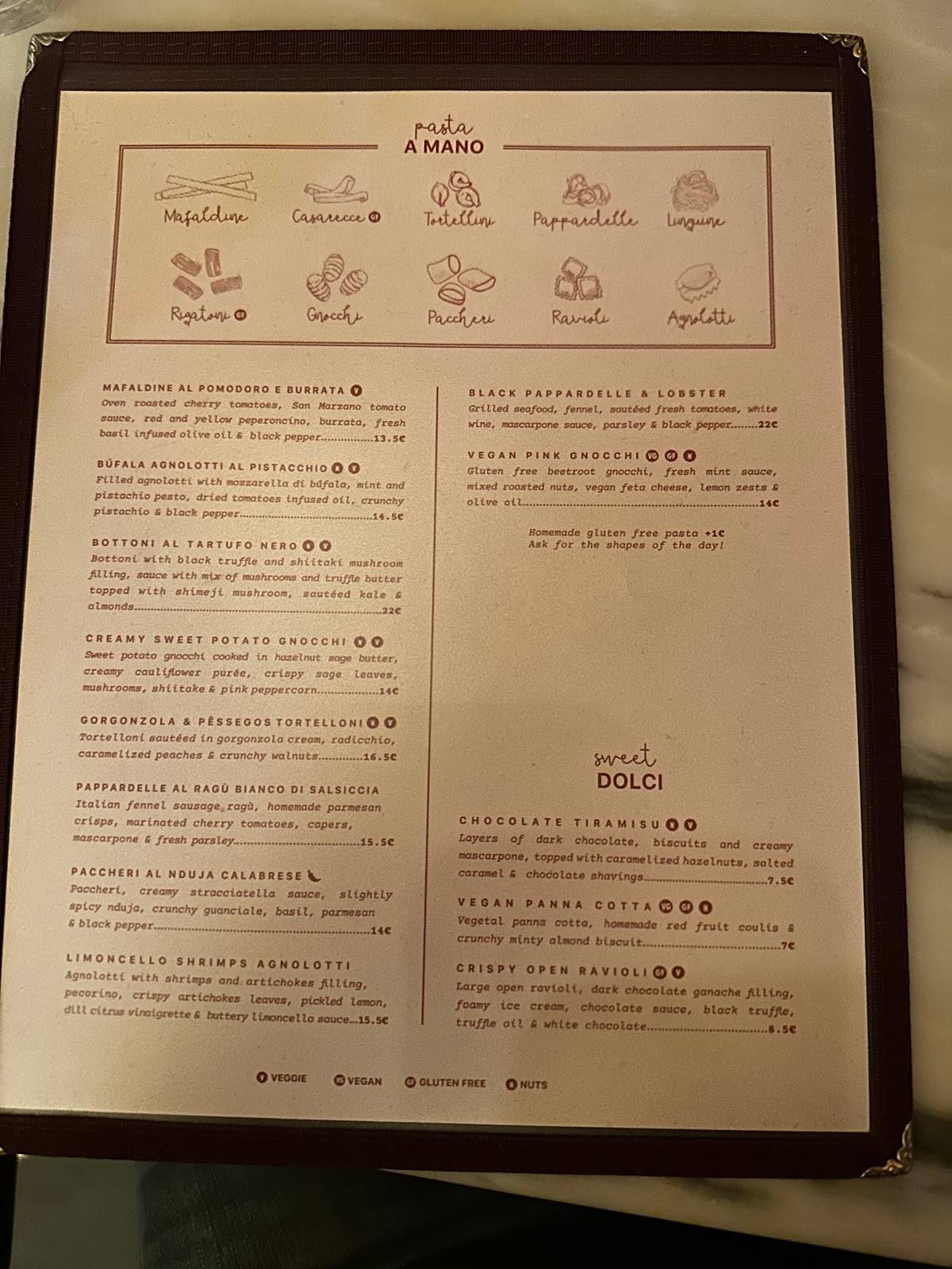 Menu at Leonetta restaurant, Lisbon