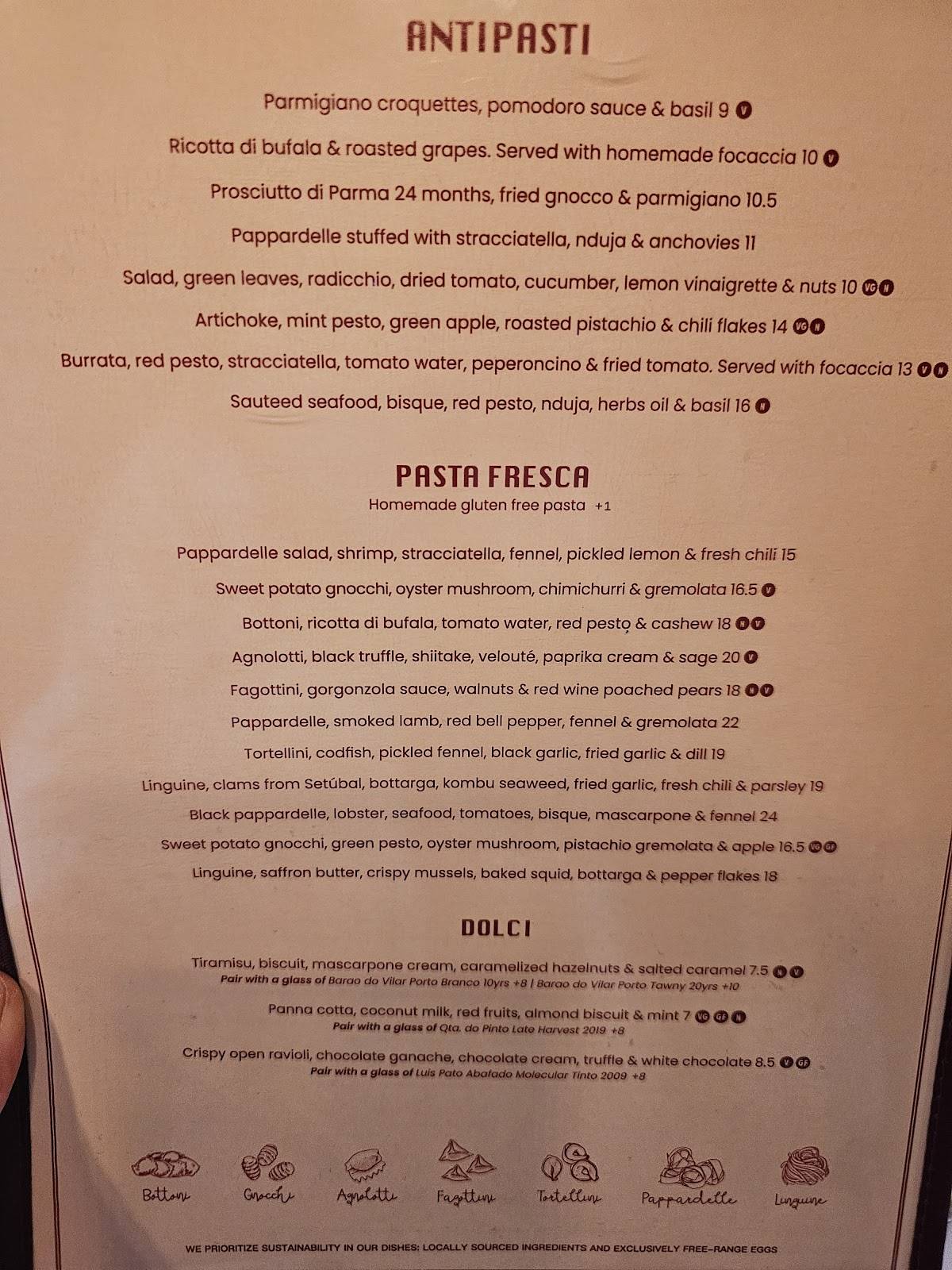 Menu at Leonetta restaurant, Lisbon