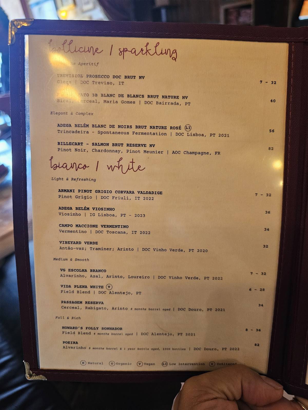 Menu at Leonetta restaurant, Lisbon
