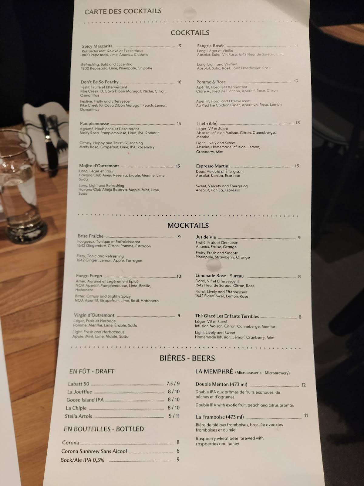 Menu at Les Enfants Terribles — Outremont restaurant, Montréal, Bernard Ave